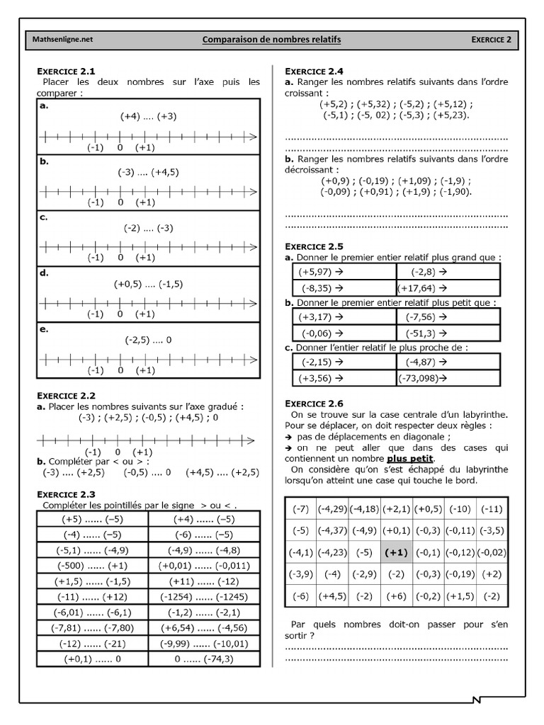 Chap 5 - Exercices 2 - Comparaison de Nombres Relatifs - CORRIGE | PDF ...