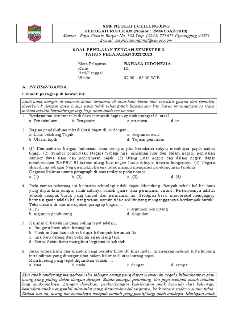 Soal PTS 2 Kelas 9 Final 2023 | PDF | Karier & Perkembangan | Seni & Disiplin Bahasa