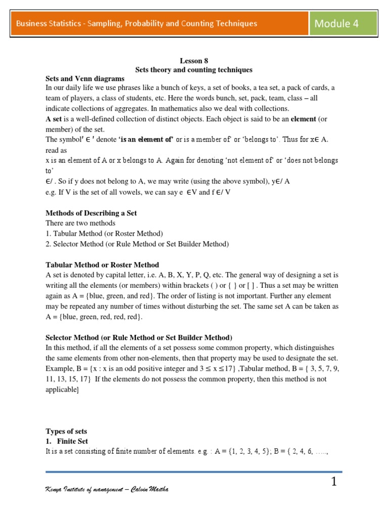 Lesson 8 ; Set Theory and Counting Techniques | PDF