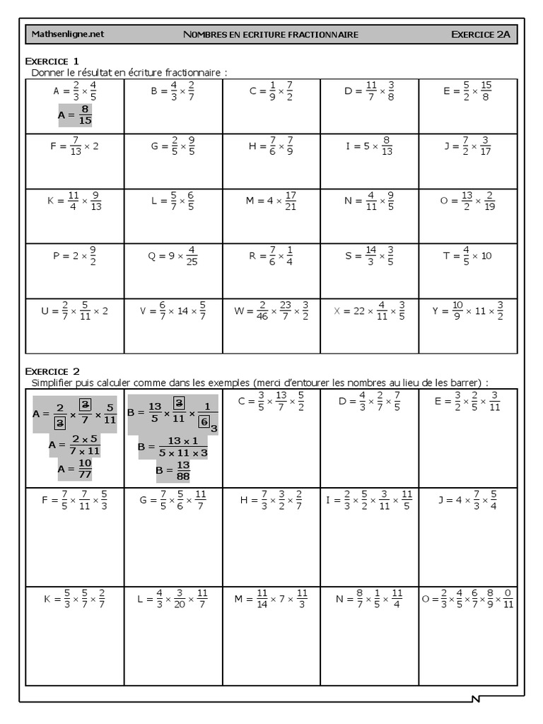 Chap 7 - Exercices 2A - Multiplication de Fractions (Simples) - CORRIGE ...