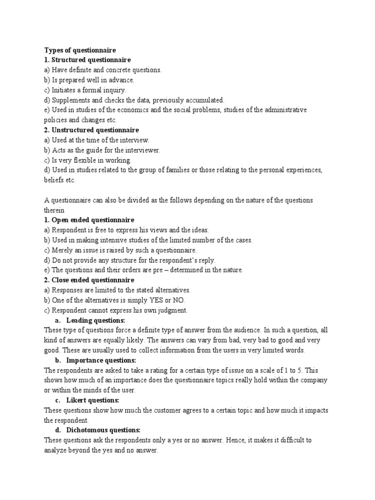 Types of Questionnaire | PDF | Questionnaire | Survey Methodology