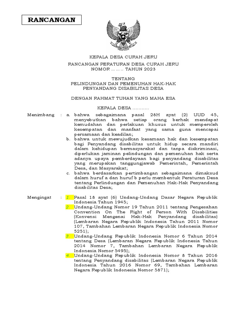Rancangan Perdes. Desa Inklusi Curah Jeru | PDF