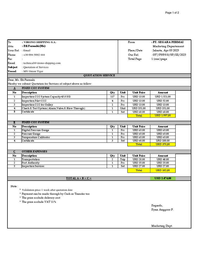 Quotation of Virono Shipping | PDF