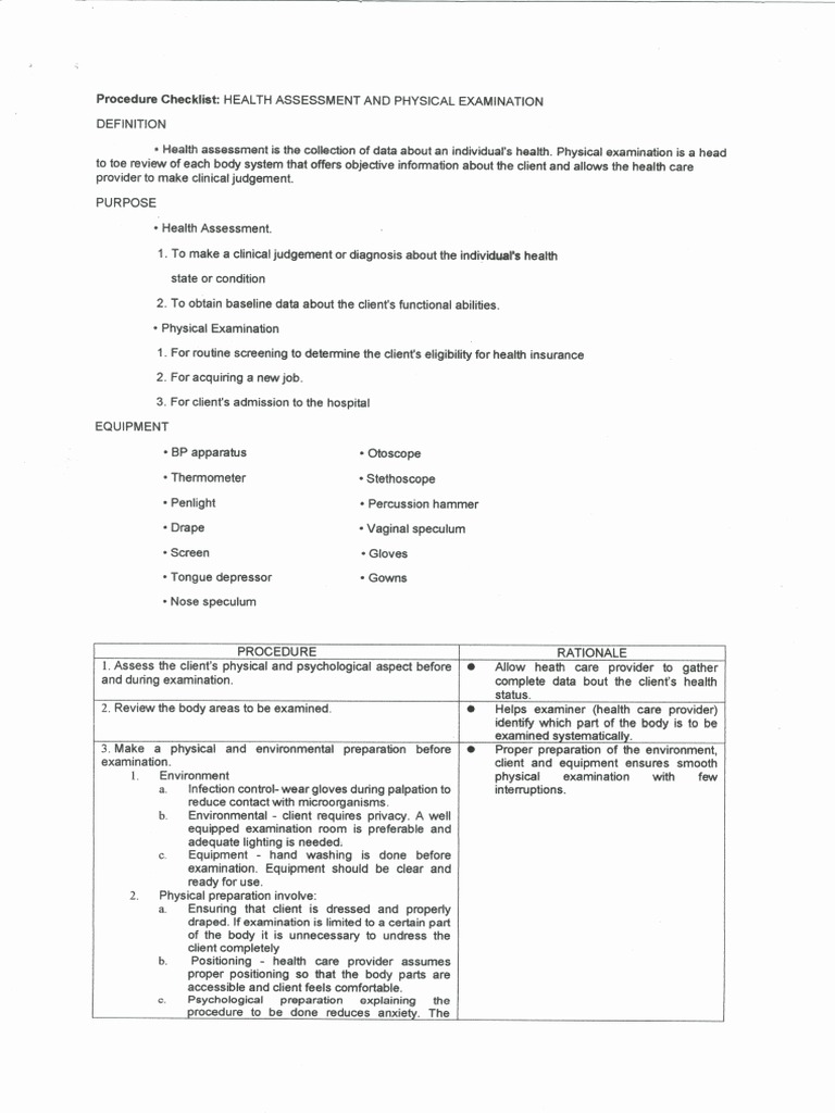 Health Assessment and Physical Examination Checklist | PDF