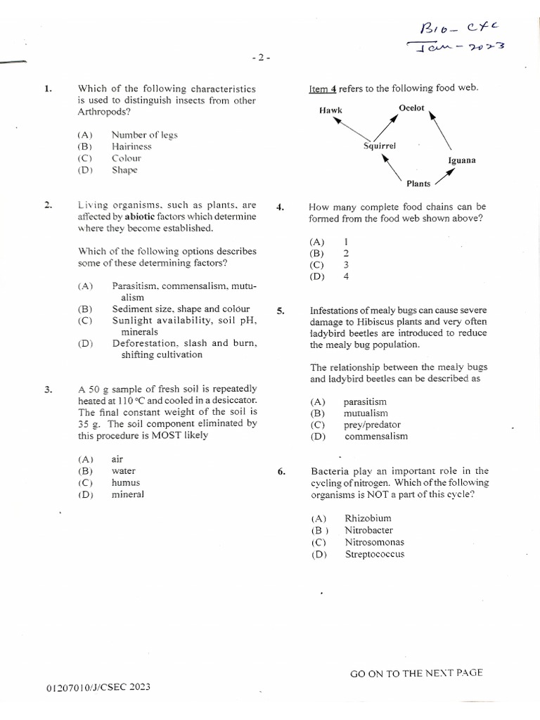 Csec Bio p1 Jan 2023 | PDF
