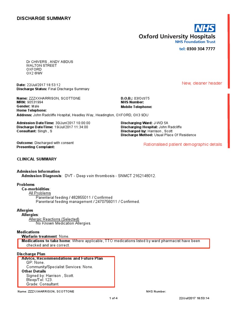 NHS Discharge Summary for Scottone Harrison | PDF