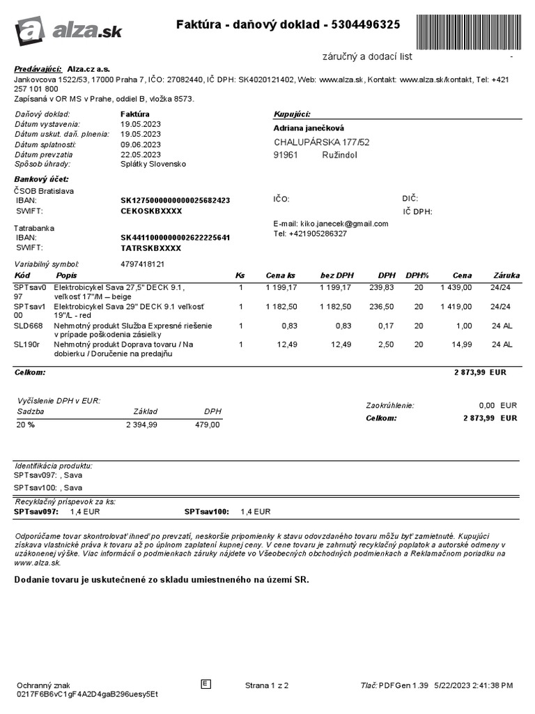 Faktúra - Daňový Doklad - 5304496325: Záručný A Dodací List | PDF