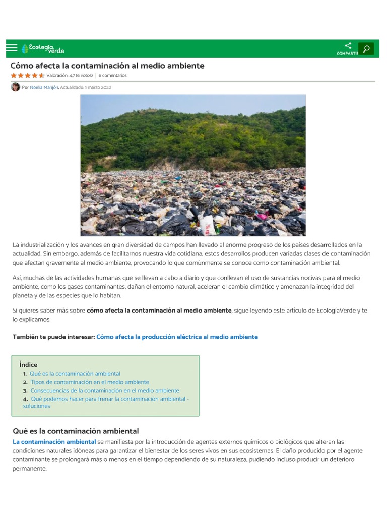Cómo Afecta La ContaminaciÓn Al Medio Ambiente Consecuencias 1 1 Pdf