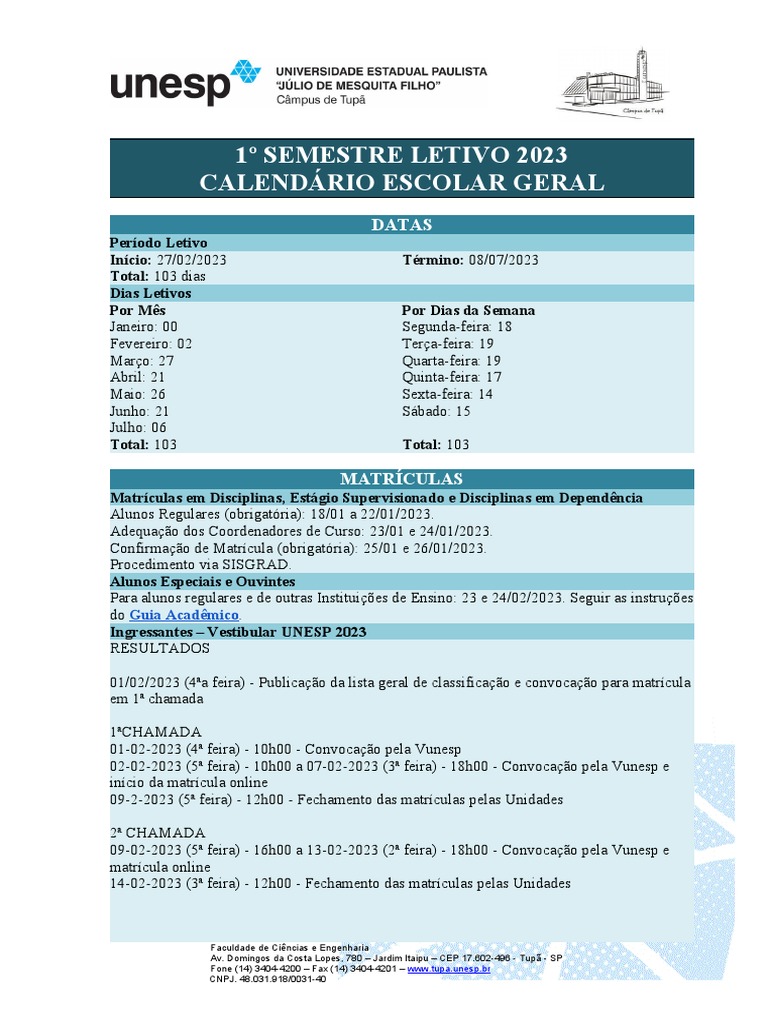 Calendário Escolar 1º Semestre 2023 | PDF | Engenharia