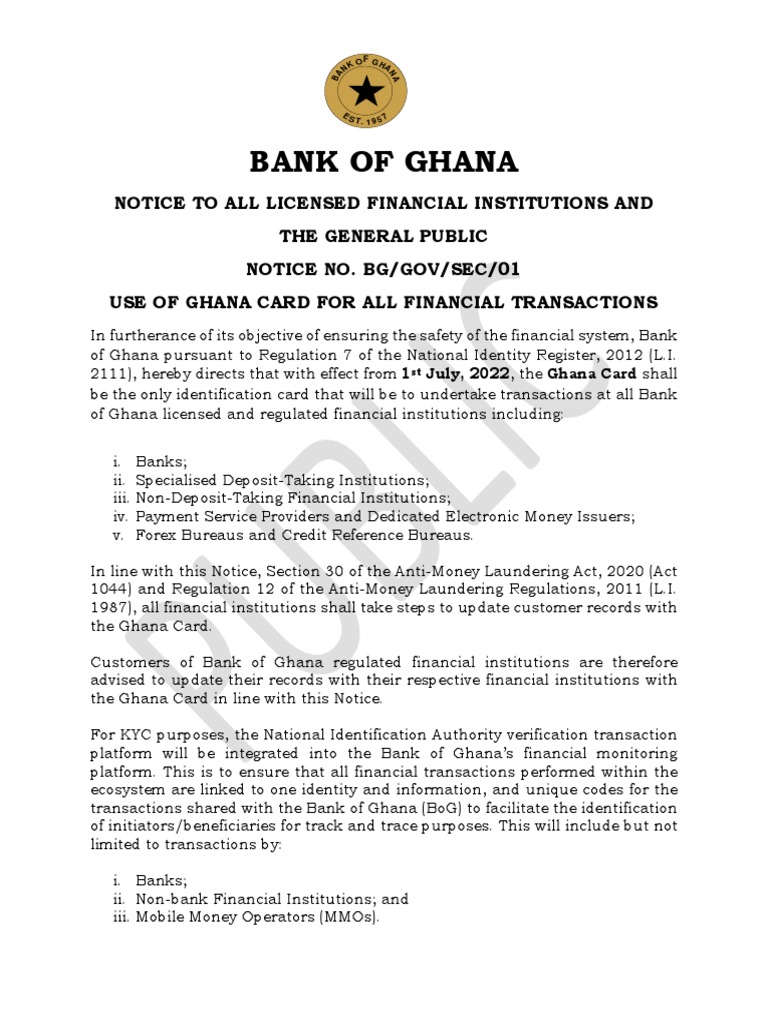 BOG Notice BG GOV SEC 2022 01 Notice On Use of Ghana Card For All ...