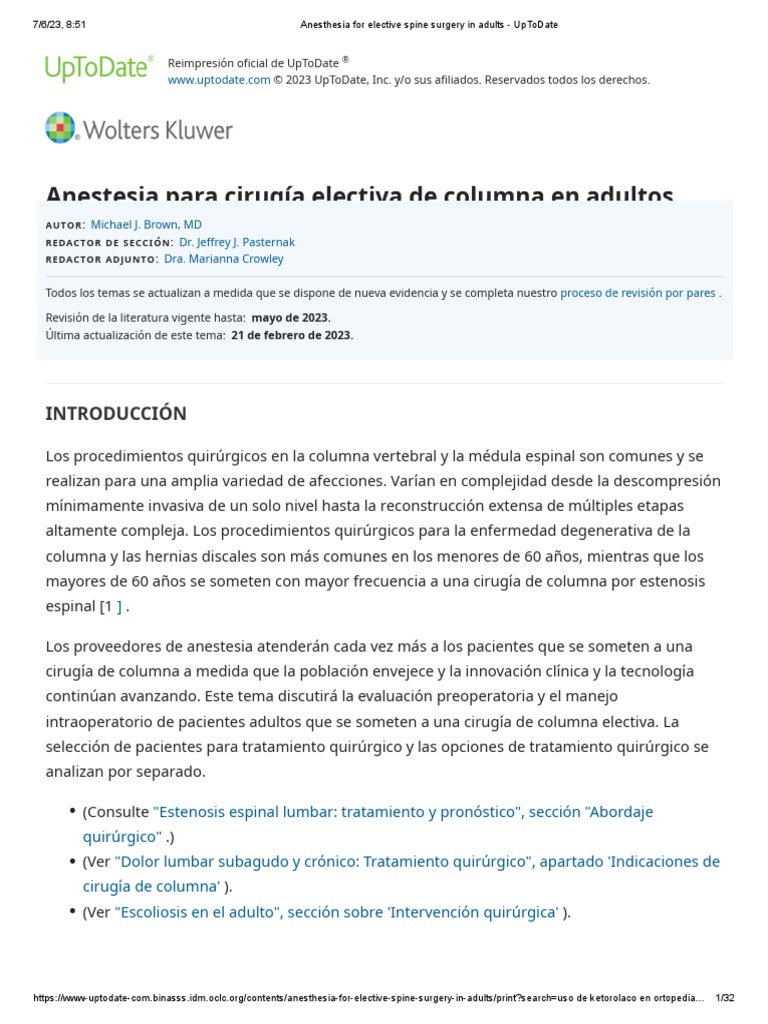 Anesthesia For Elective Spine Surgery In Adults Uptodate Pdf