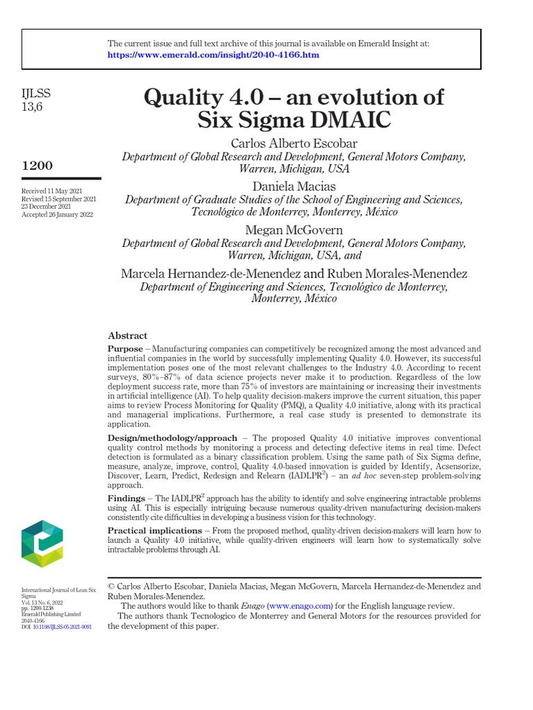 Quality 4.0 - An Evolution of Six Sigma DMAIC | PDF | Cross Validation (Statistics) | Machine ...