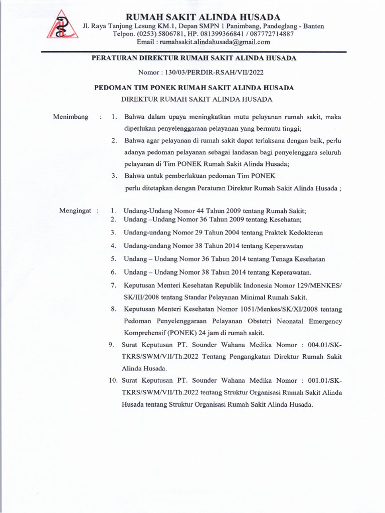 Pedoman Tim PONEK RS Alinda Husada | PDF