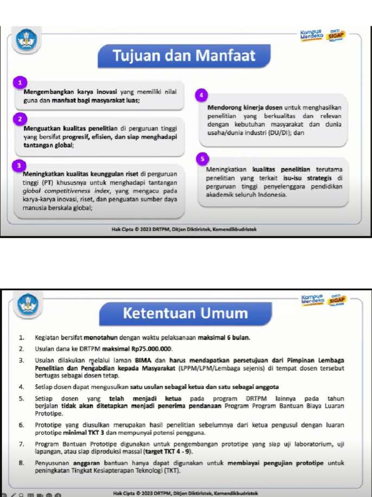 Pemaparan Ketentuan Umum Program Bantuan Biaya Luaran Prototipe Tahun 2023 | PDF