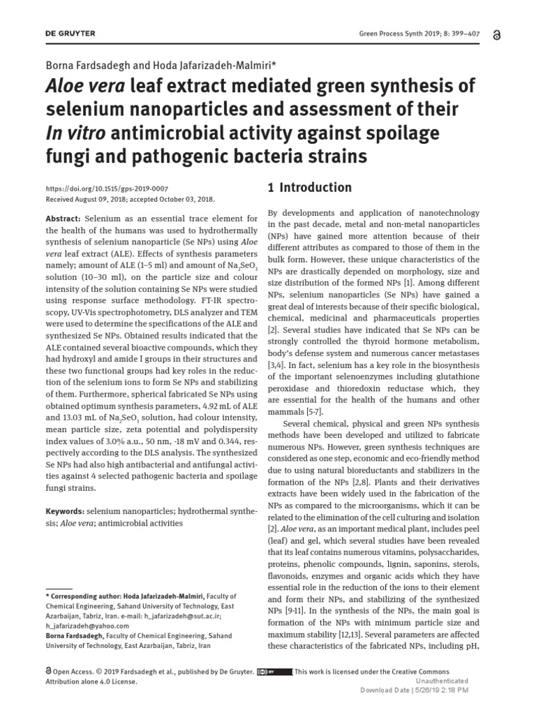 Aloe Vera Leaf Extract Mediated Green Synthesis of FTIR | PDF ...