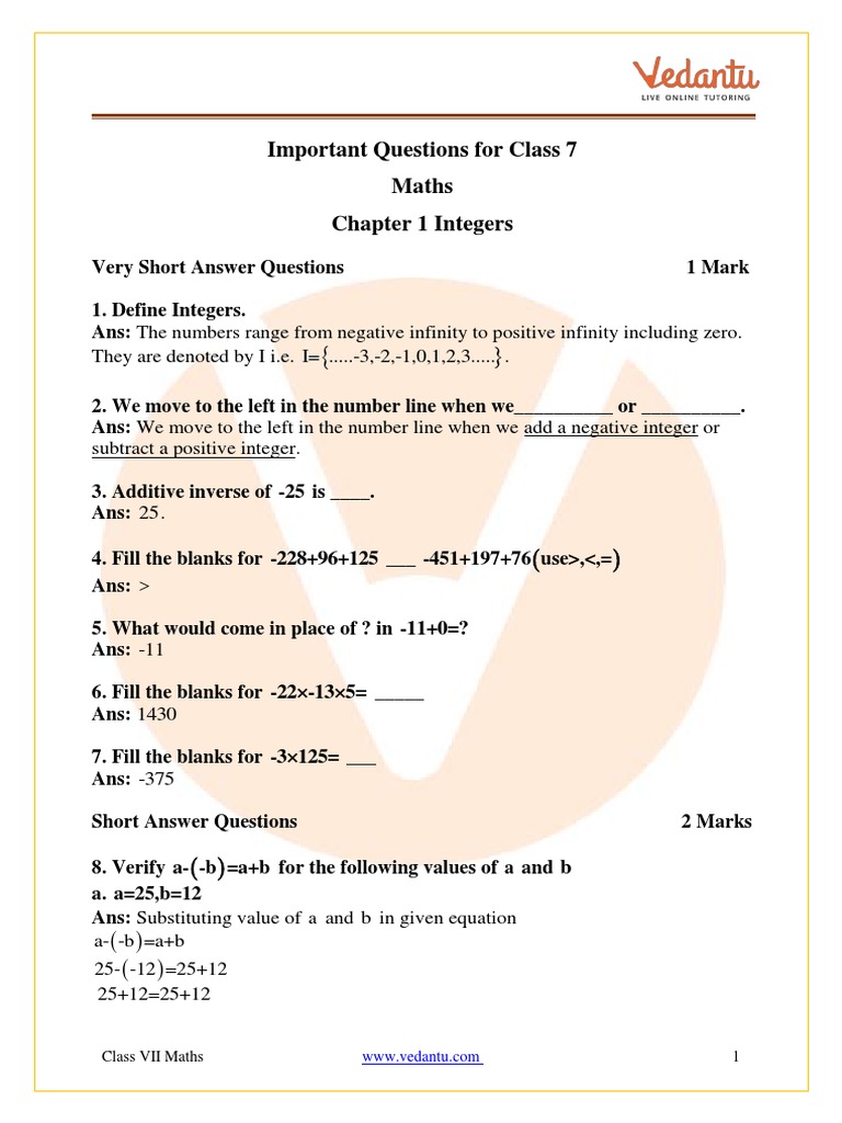 CBSE Class 7 Maths Important Questions Chapter 1 - Integers | PDF