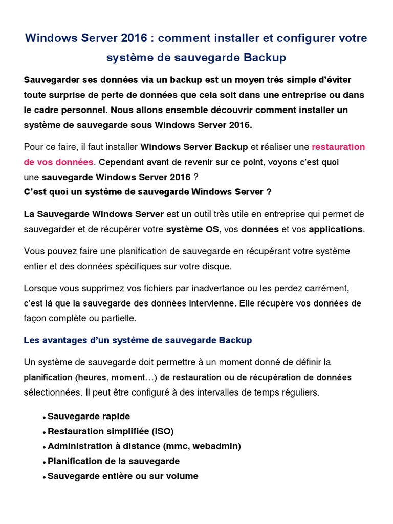Sauvegarde Windows Server 2016 | PDF