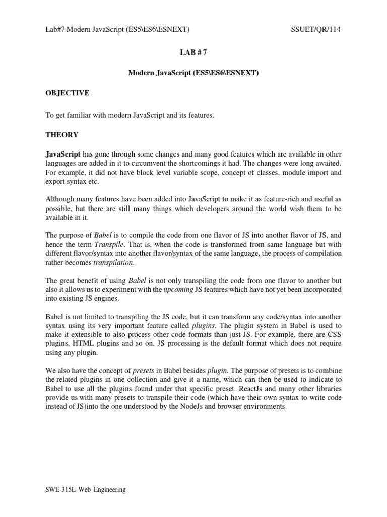 LAB 7 - Modern Javascript (ES5 - ES6 - ESNEXT) | PDF | Java Script ... LAB 7 - Modern Javascript (ES5 - ES6 - ESNEXT) | PDF | Java Script ...