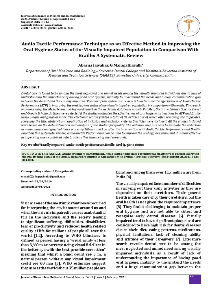 Audio Tactile Performance Technique As An Effective Method in Improving The Oral Hygiene Status ...
