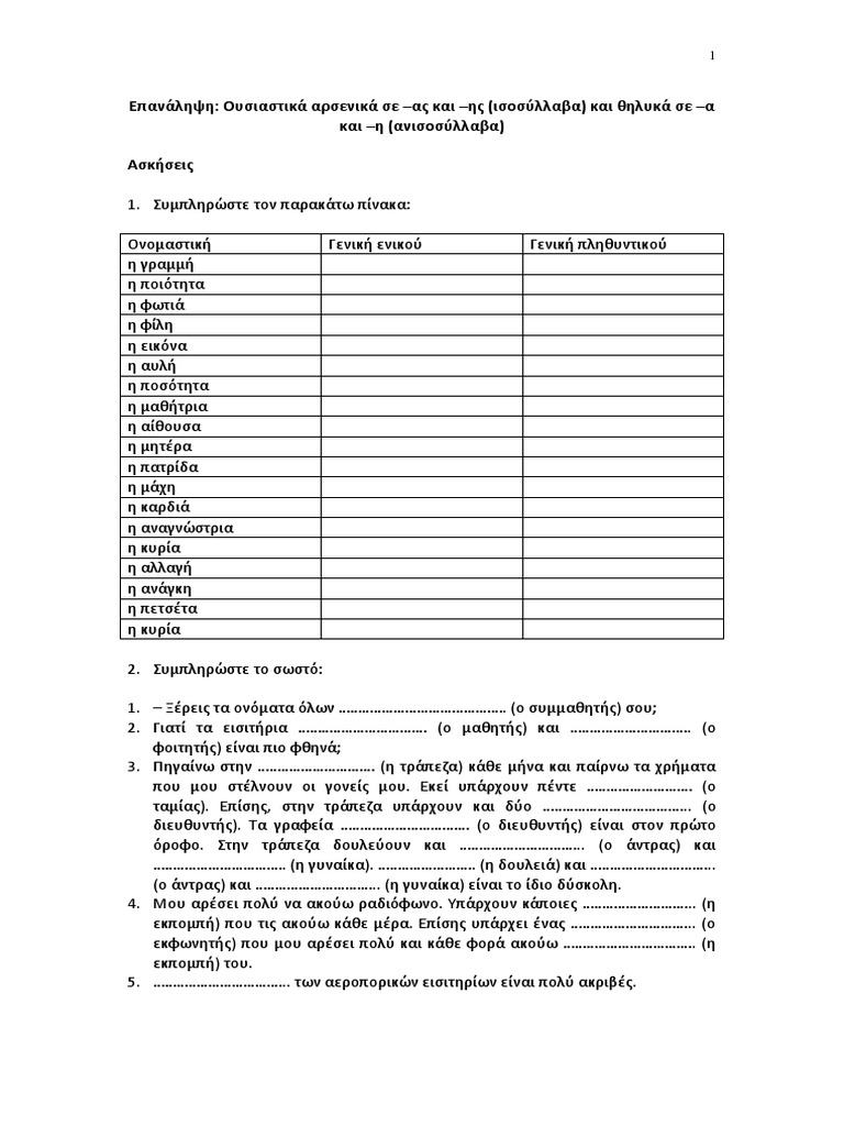 Ελληνικά Γ2 αρσενικα και θηλυκα σε ας ης και α η | PDF