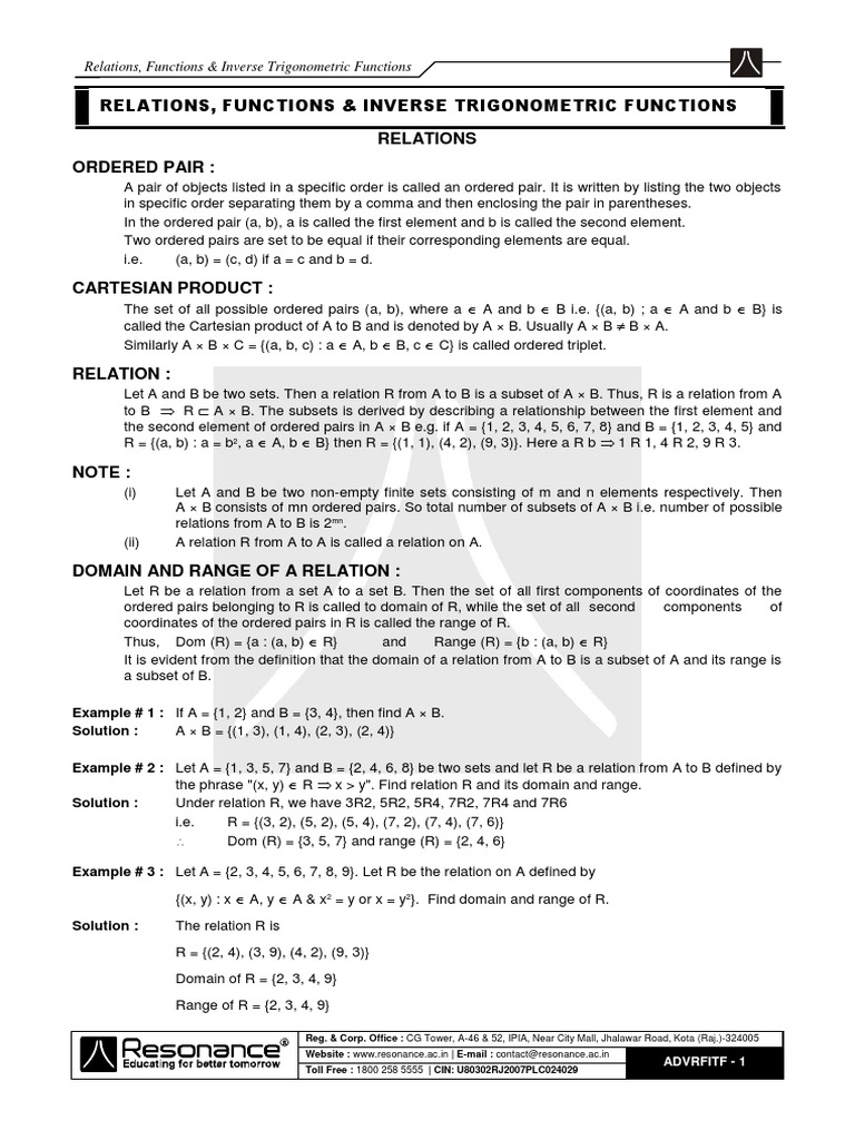 Relations Functions Inverse Trigonometric Functions Relations Ordered Pair Pdf Function