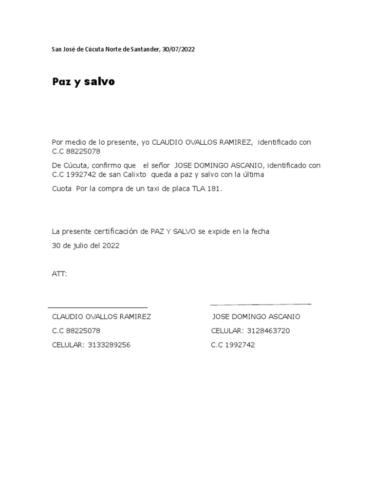 Carta Paz y Salvo | PDF