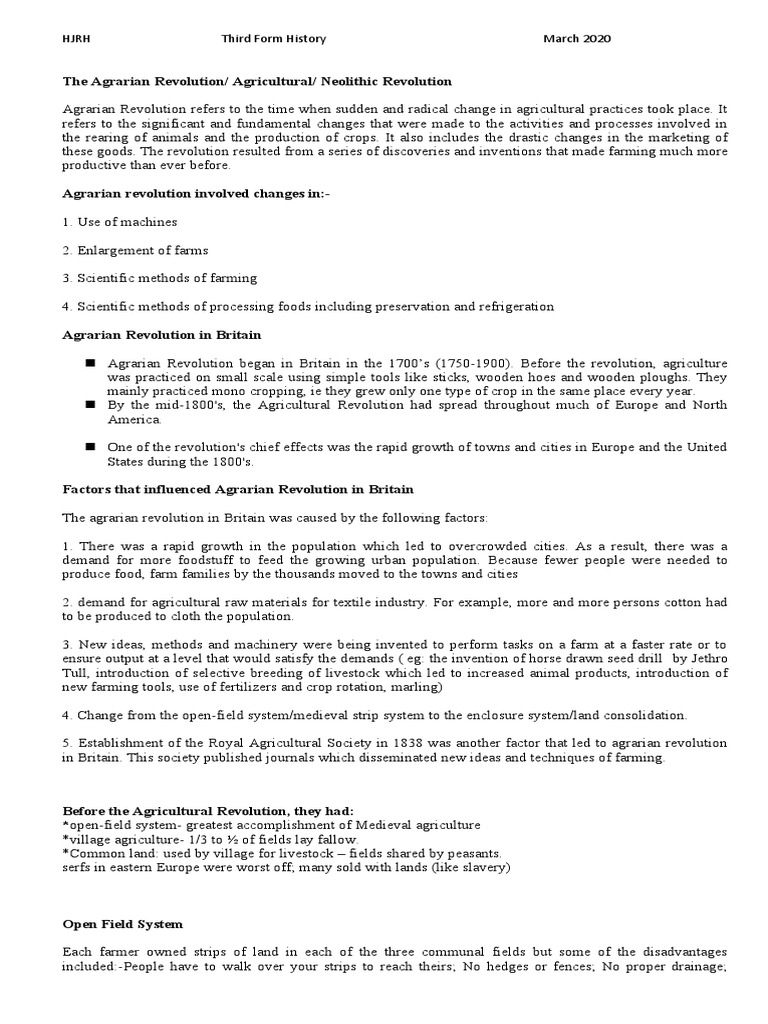 The Agrarian Revolution Handout - 10TH GRADE HISTORY | PDF