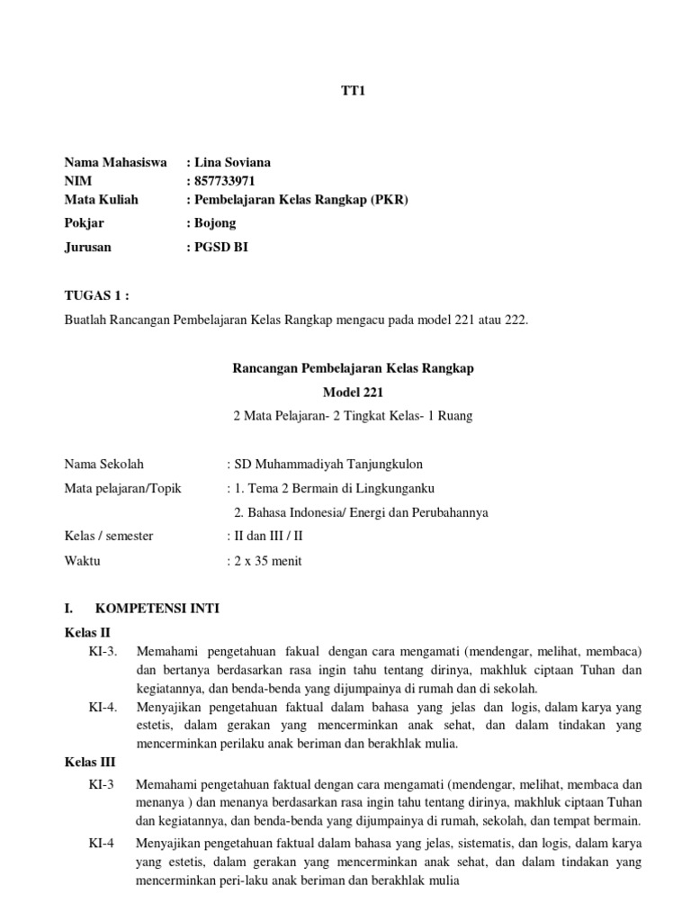 TT1 PKR Lina Soviana 857733971 RPP Kls 2 Dan 3 221 Tugas 1 Dan Uji Kompetensi 1 (1) | PDF