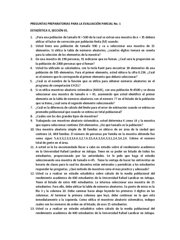 Preguntas para Preparación Primer Parcial | PDF | Muestreo (Estadísticas)