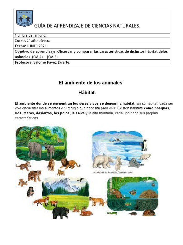Guía 2° Año O.a3-4 Habitat de Los Animalesciencias Naturales 2° Año | PDF