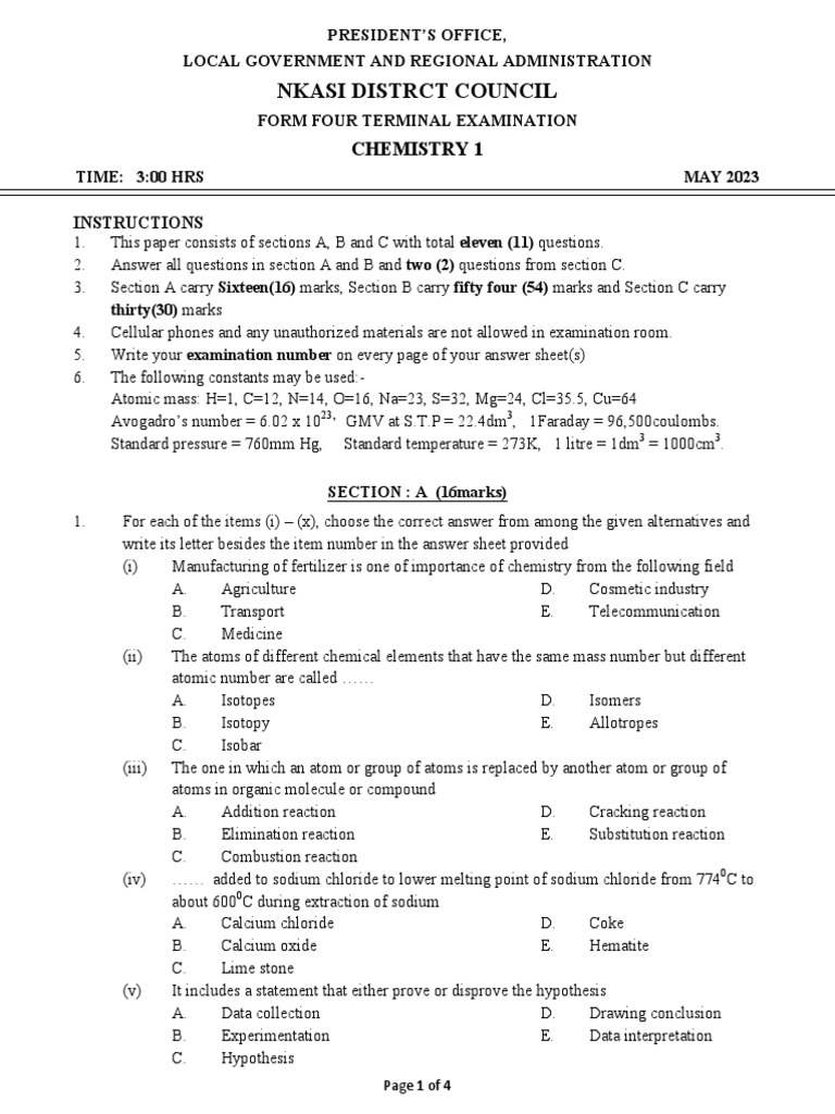 2023 - F4 - Exam - CHEM TERMINAL pdf | PDF | Acid | Chemical Reactions