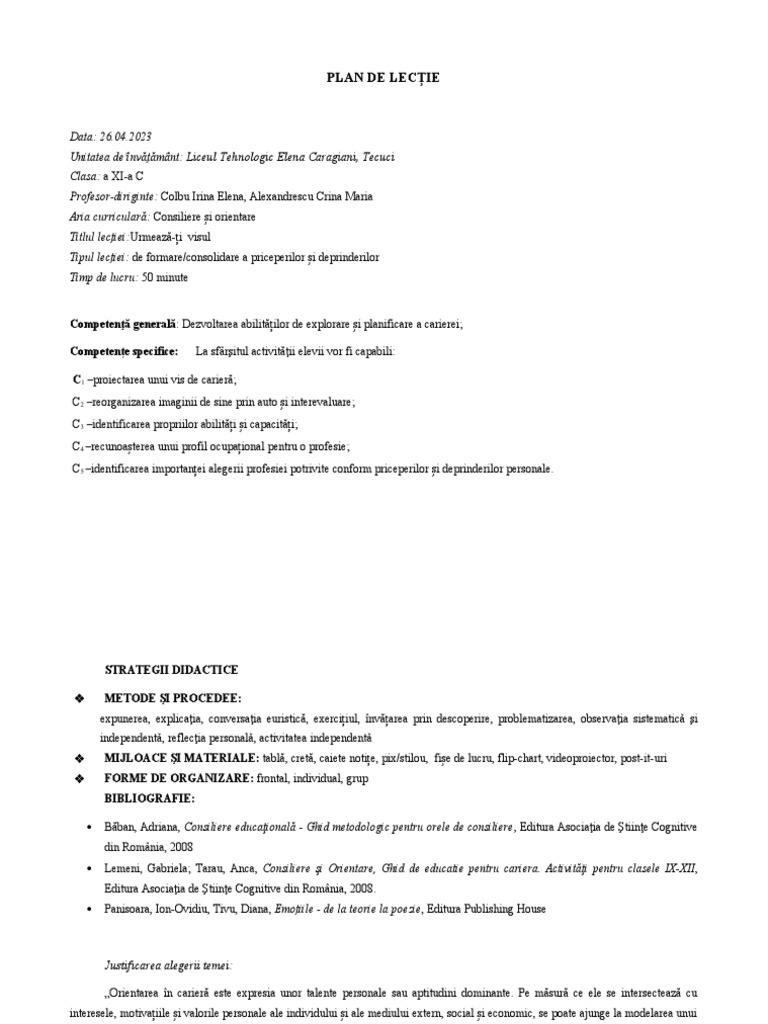 Plan Lectie Urmeaza-Ti Visul - 1 | PDF