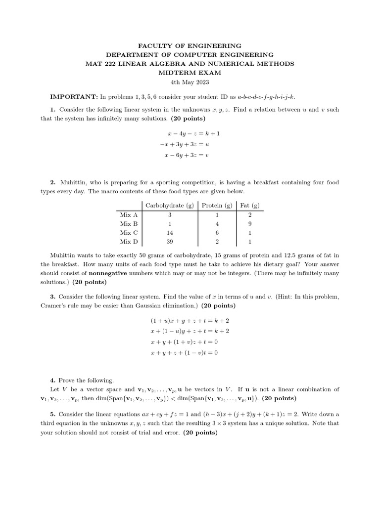 MAT 222 Midterm | PDF | System Of Linear Equations | Applied Mathematics