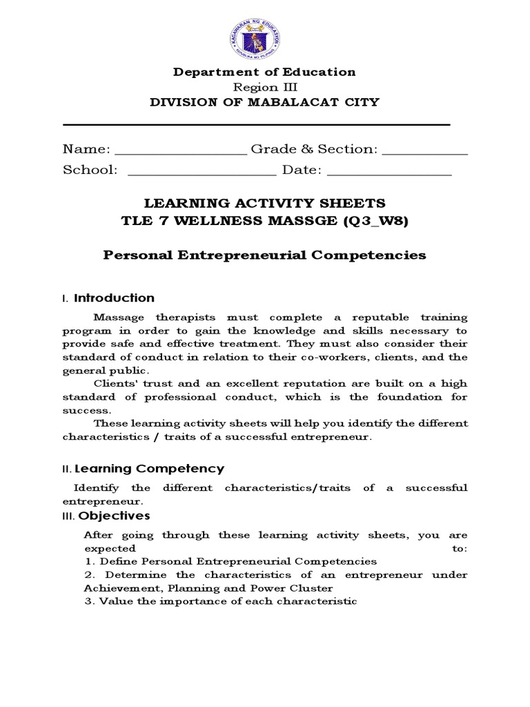 TLE7 Q3 W8-PECs | PDF | Entrepreneurship | Goal Setting