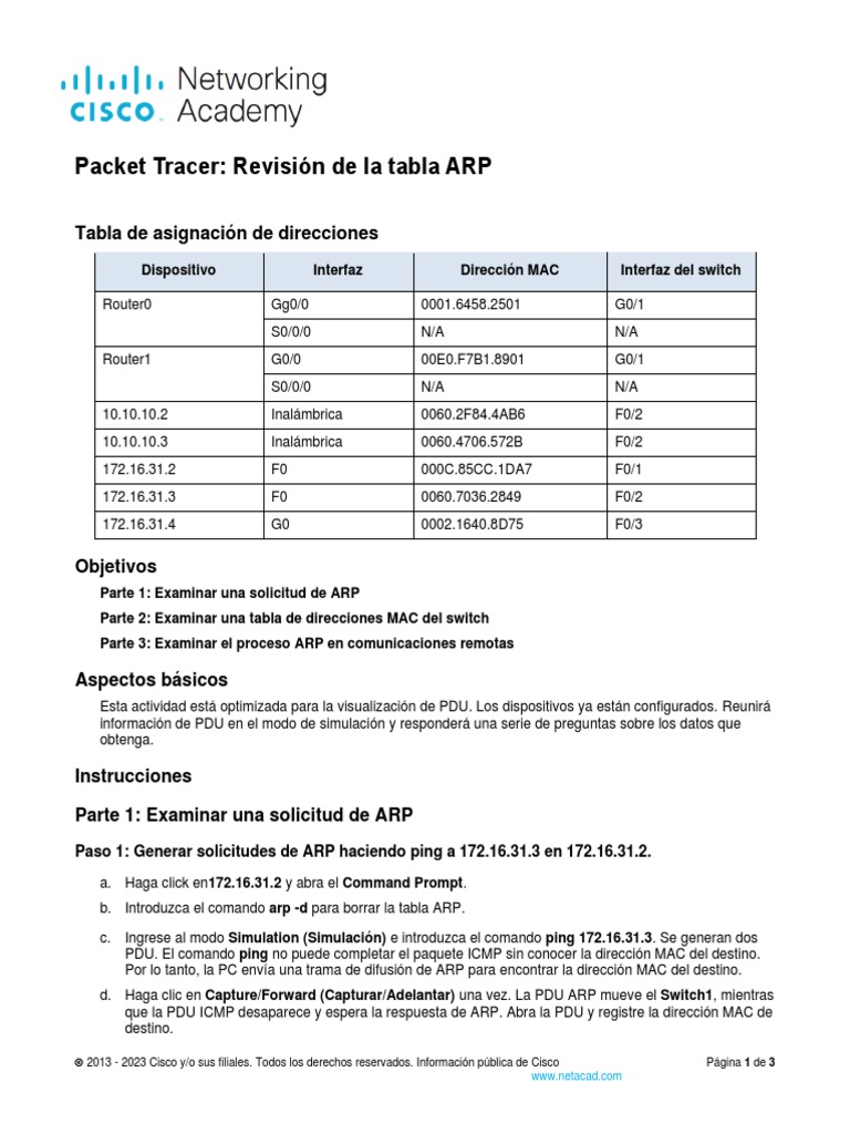 Revisión de la Tabla ARP en Packet Tracer | PDF | Conmutador de red ...