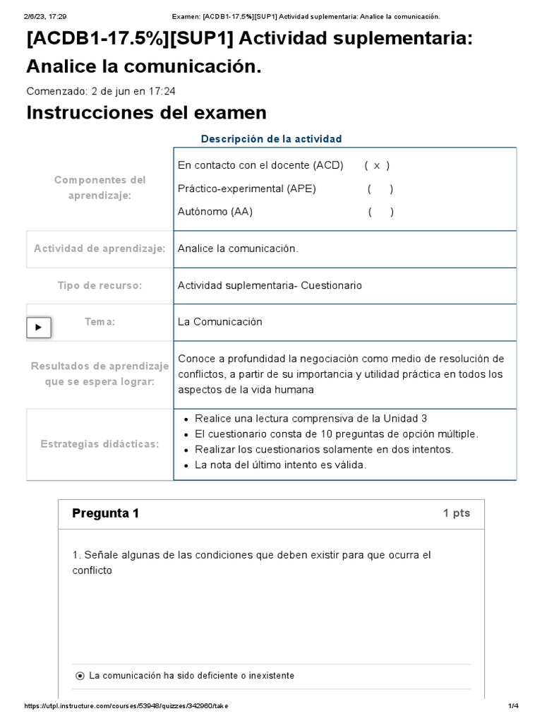 Examen - (ACDB1-17.5%) (SUP1) Actividad Suplementaria - Analice La Comunicación | PDF ...