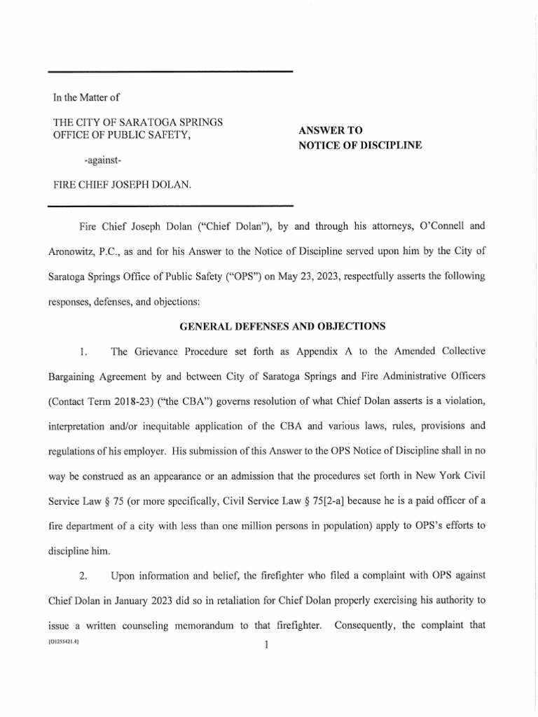 Answer To Notice of Discipline Regarding Chief Joe Dolan | PDF