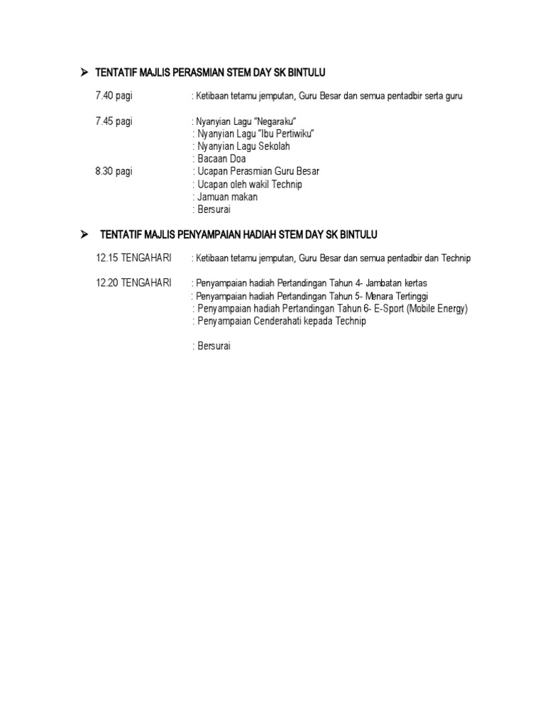 Tentatif Majlis Perasmian Dan Penyampaian Hadiah Stem Day SK Bintulu | PDF