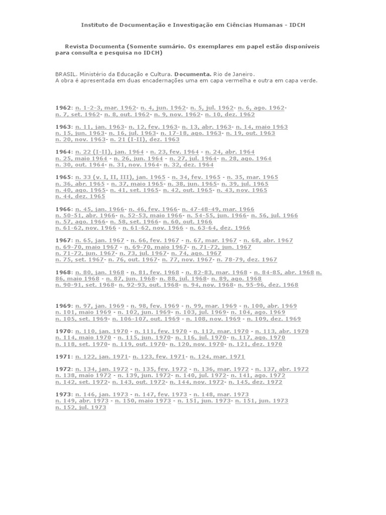 Revista Documenta (Sumário) | PDF