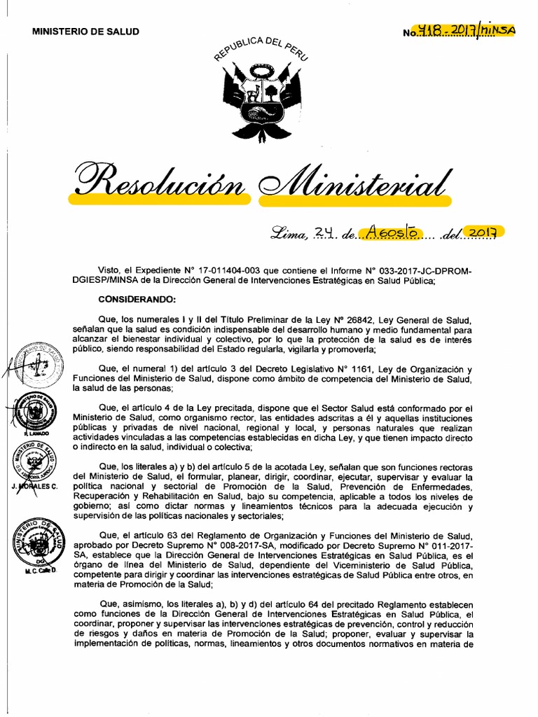 2017 MINSA 2017.07.24 RM #718-2017-MINSA Aprueba Directiva 239-2017-MINSA | PDF