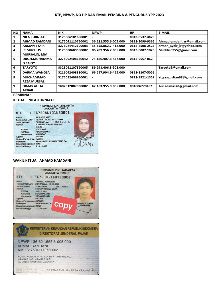 KTP NPWP NO HP EMAIL Pembina Pengurus Dan Pengawas Ypp 2023 | PDF