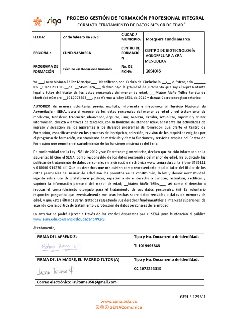 FORMATO 4 GFPI-F-129 Formato Tratamiento de Datos Menor de Edad | PDF | Crecimiento personal y ...
