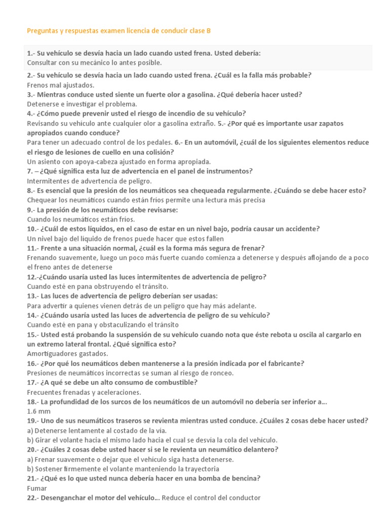 Preguntas y Respuestas Examen Licencia de Conducir Clase B | PDF | Neumático | Semáforo