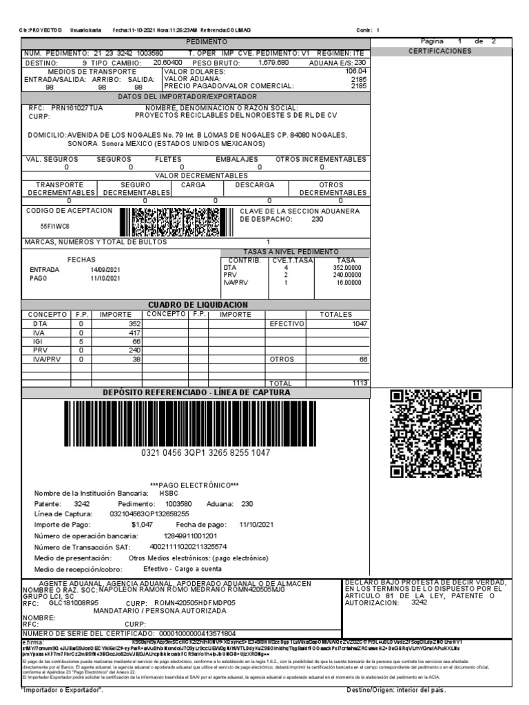 PEDIMENTO utilizado en un V1 | PDF | Bancos | Economias