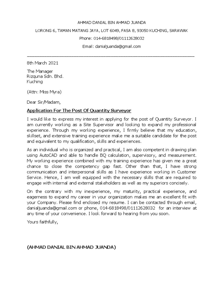 Ahmad Danial Bin Ahmad Juanda Cover Letter Rizquna | PDF