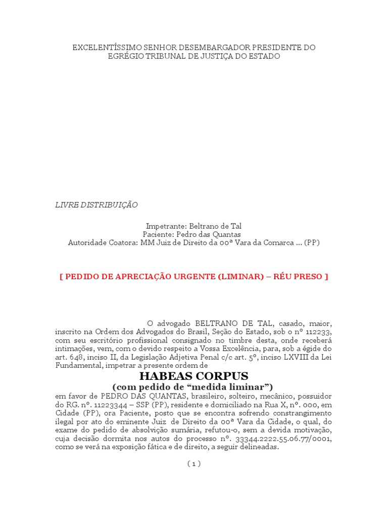 Modelo de Habeas Corpus CPP Pedido Liminar Furto Simples Crime de Bagatela PN129 | Download ...