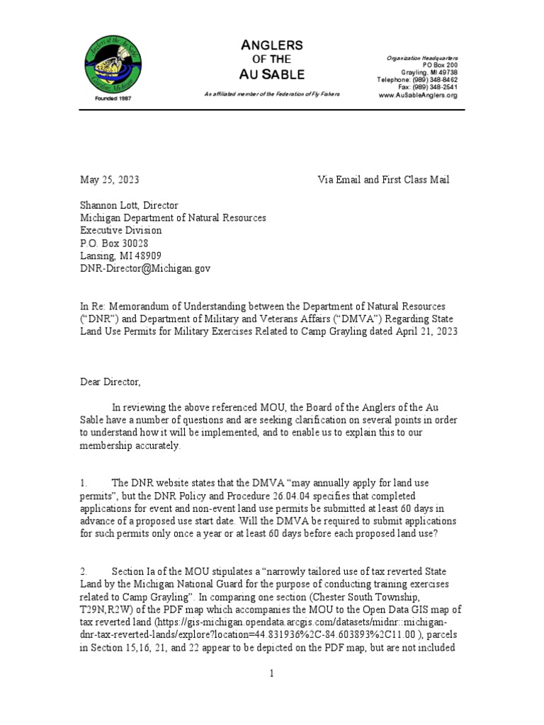 Anglers of The Au Sable's Letter To Michigan DNR Director Shannon Lott ...