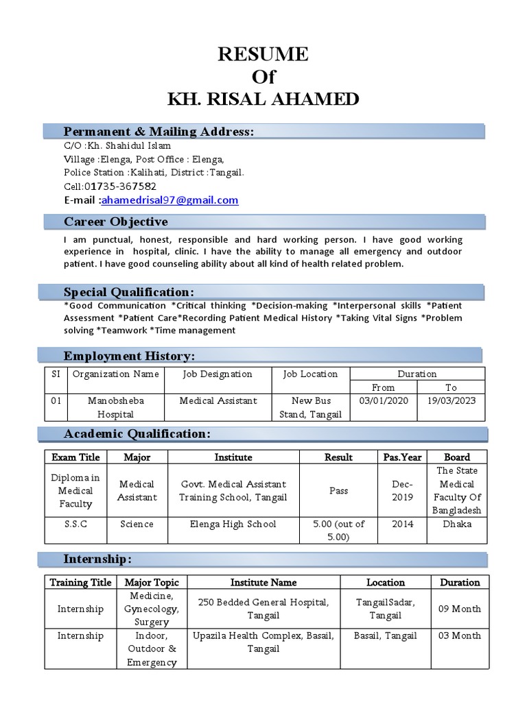 CV of Kh. Risal Ahamed | PDF | Medicine | Patient