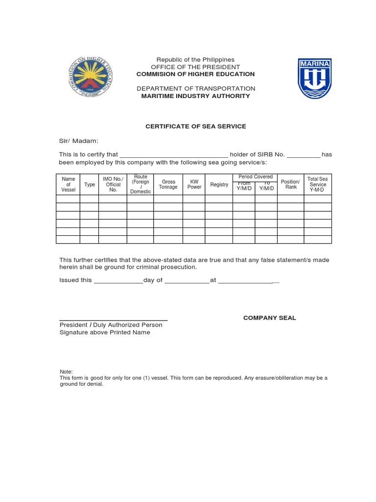 CHED - MARINA-Template-COMPANY (Annex E) | PDF