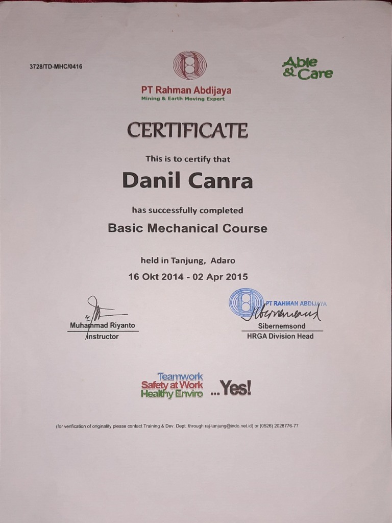 Basic Mechanical Course Certificate | PDF